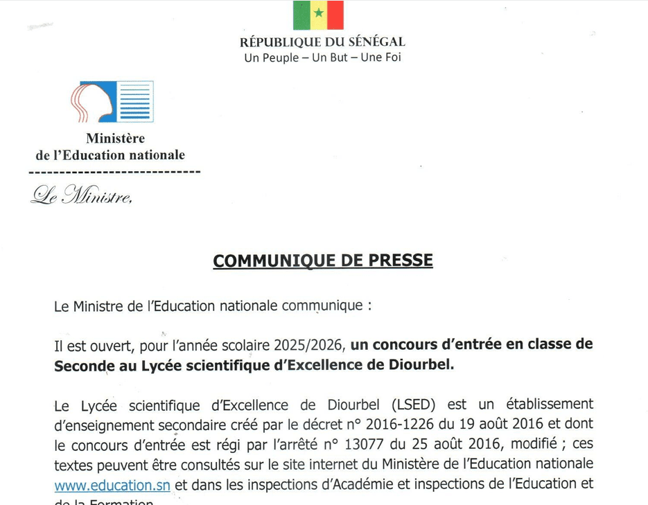 Concours d’entrée au Lycée Scientifique d’Excellence de Diourbel : l ...
